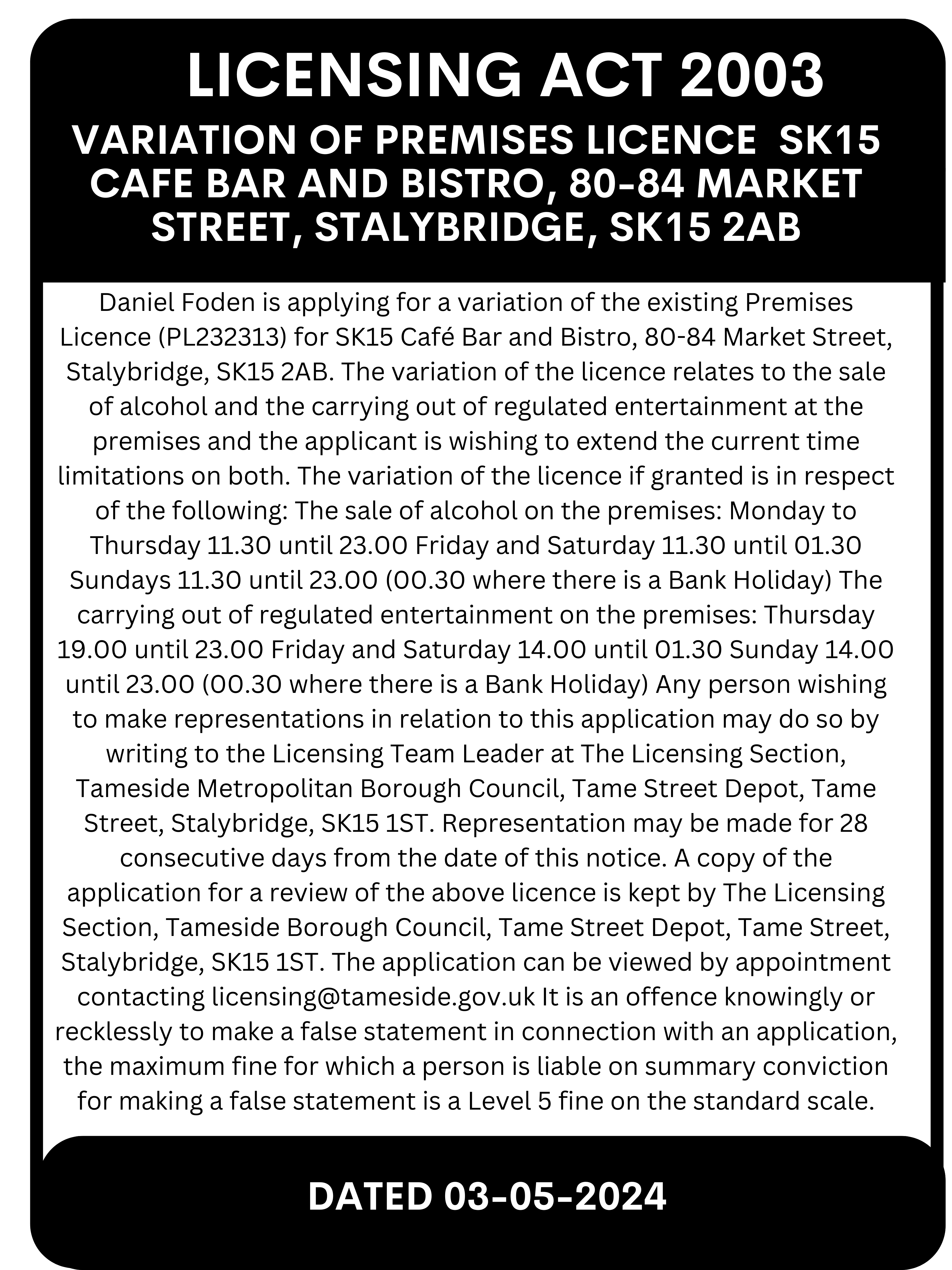 Public Notice - SK15 Cafe bar and Bistro, Stalybridge - Tameside ...