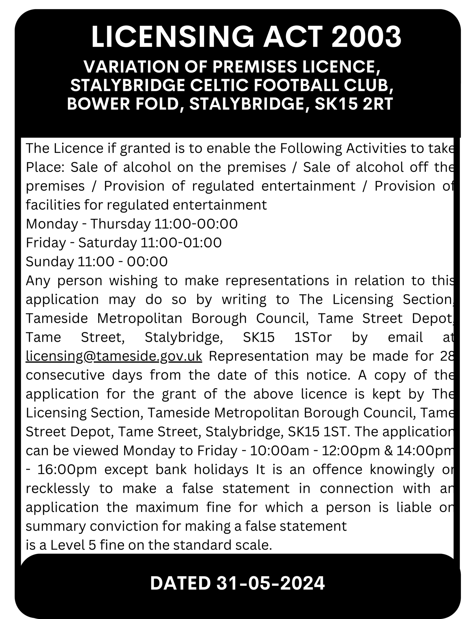 Public Notice: Stalybridge Celtic Football Club - Tameside Correspondent