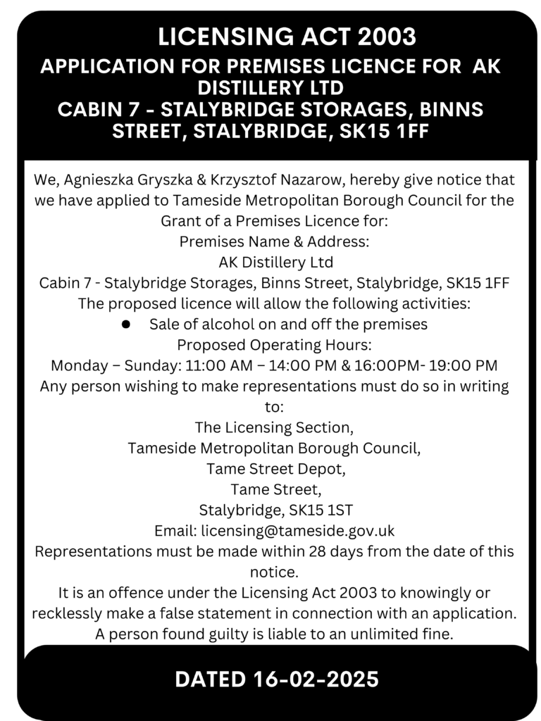 Public Notice: AK Distillery, Stalybridge - Tameside Correspondent